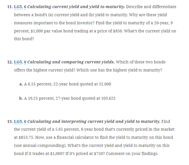 Solved 11. LG5, 6 Calculating current yield and yield to | Chegg.com