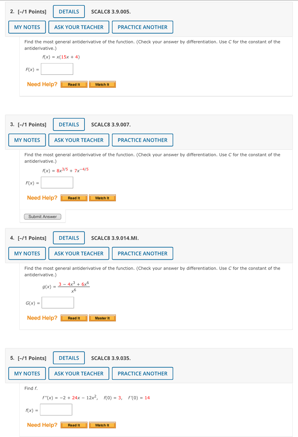Solved Find the most general antiderivative of the function. | Chegg.com