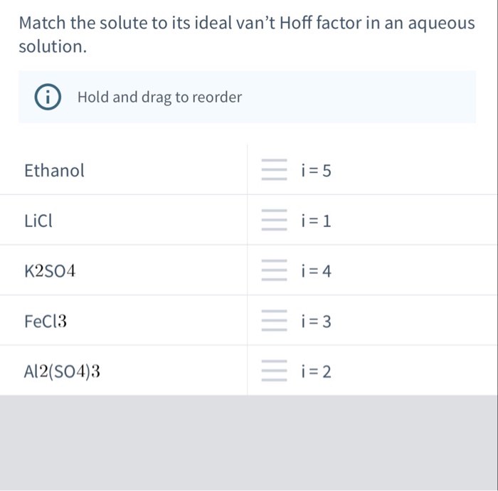Solved Match the solute to its ideal van't Hoff factor in an | Chegg.com