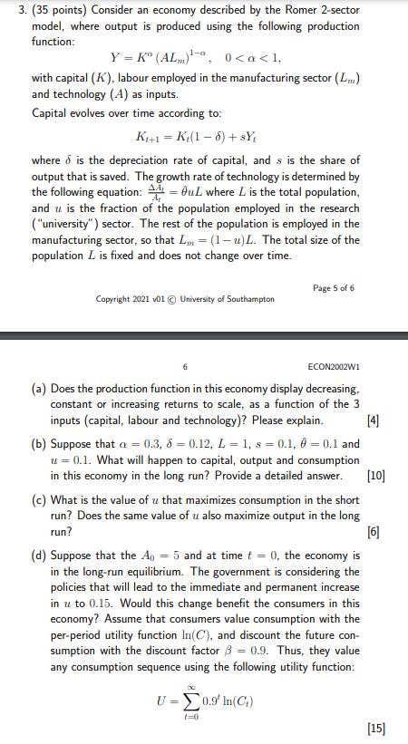 Solved 3. (35 points) Consider an economy described by the | Chegg.com