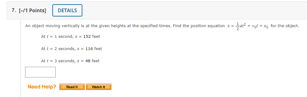 Solved 7. [-/1 Points] DETAILS An object moving vertically | Chegg.com