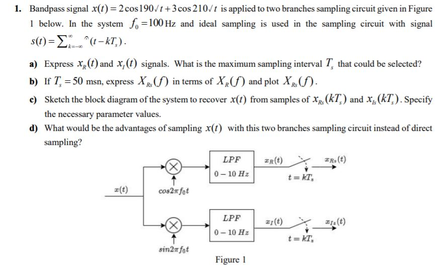 Solved 1. Bandpass signal x(t)= 2 cos 190/t +3 cos 210/t is | Chegg.com