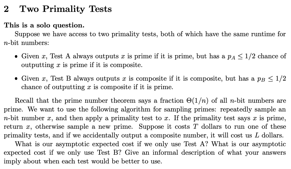 Solved 2 Two Primality Tests This is a solo question. | Chegg.com