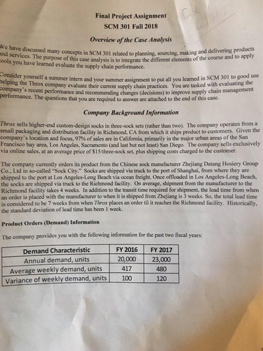 Solved Final Project Assignment SCM 301 Fall 2018 Overview | Chegg.com