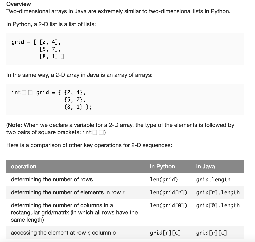 Solved Overview Two-dimensional arrays in Java are extremely | Chegg.com