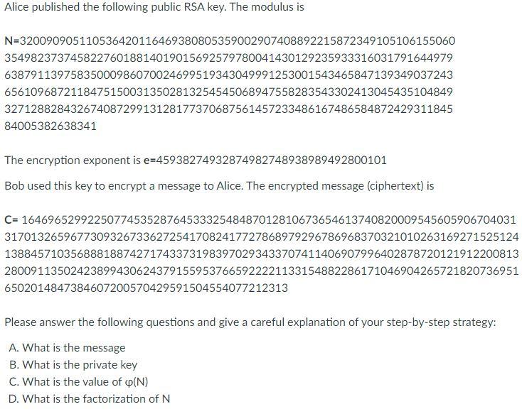 Solved Alice published the following public RSA key. The | Chegg.com