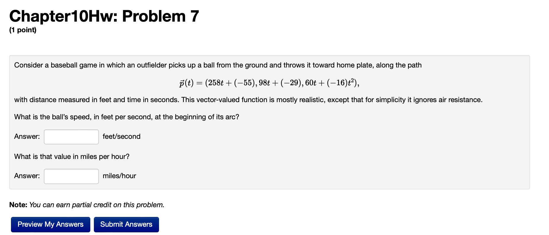 Solved Chapter10Hw: Problem 7 (1 point) Consider a baseball | Chegg.com