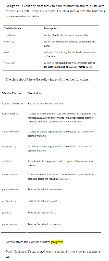 Solved Design an Inventory class that can hold information | Chegg.com