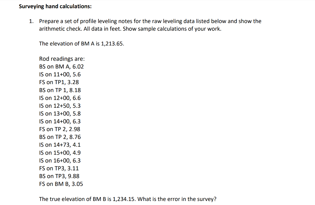 Solved Surveying hand calculations: 1. Prepare a set of | Chegg.com