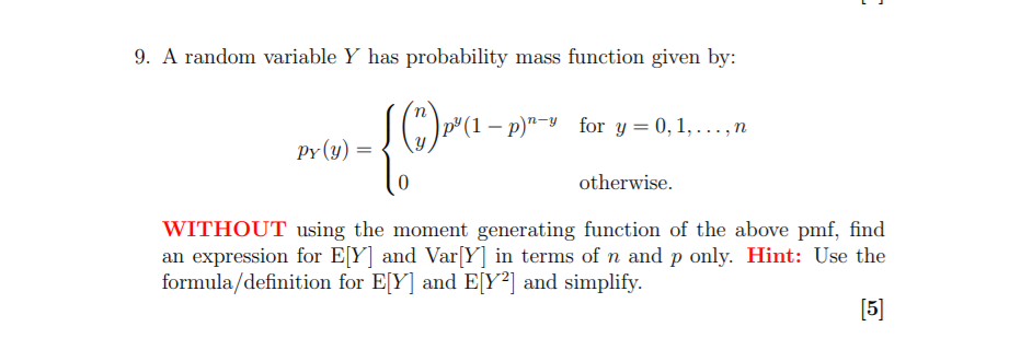 Solved 9. A random variable Y has probability mass function | Chegg.com