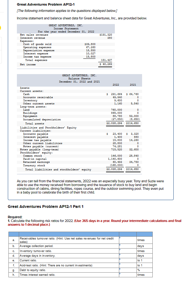 Solved Great Adventures Problem AP12-1 The following | Chegg.com