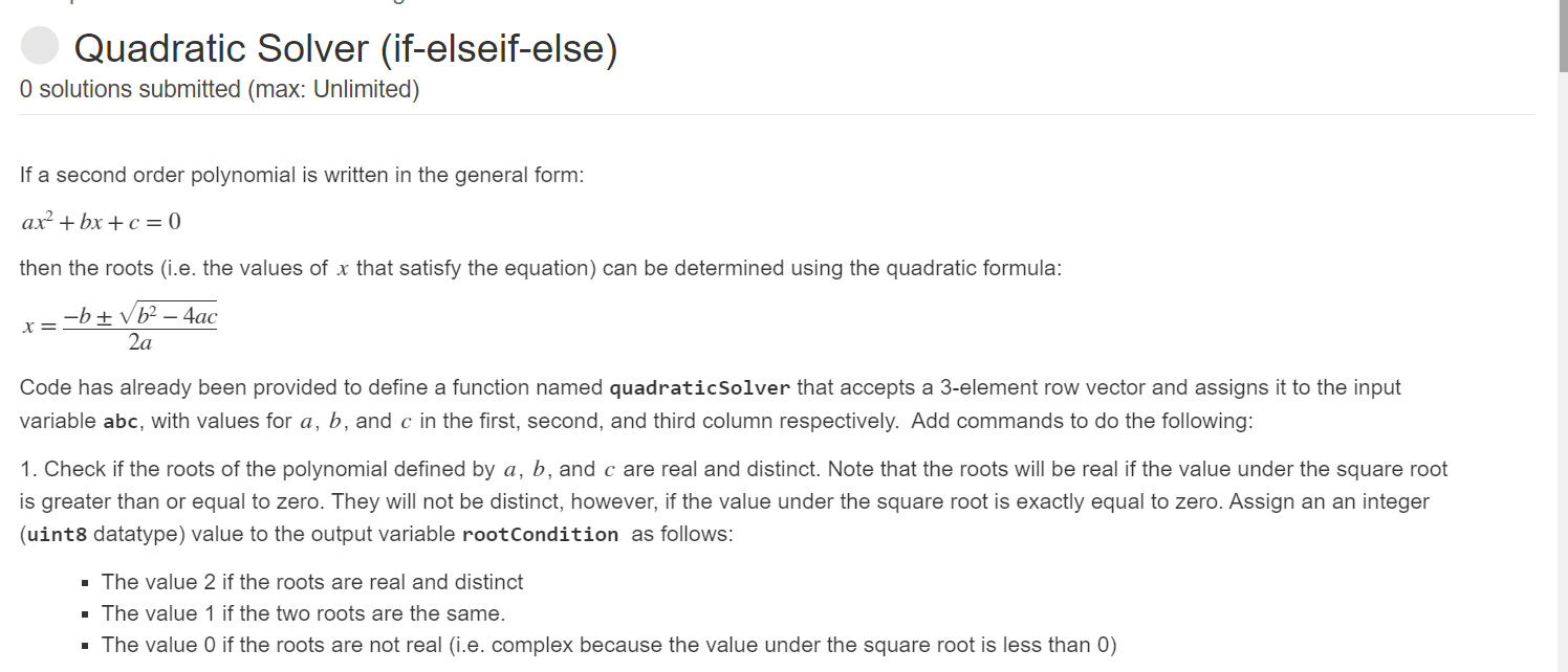 Solved Quadratic Solver (if-elseif-else) O solutions | Chegg.com