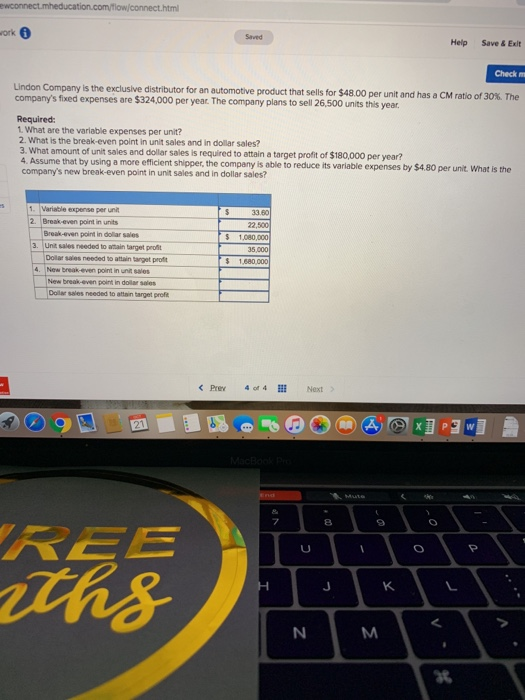 Solved ork 0 Saved Help Save& Exit Check m Lindon Company is | Chegg.com