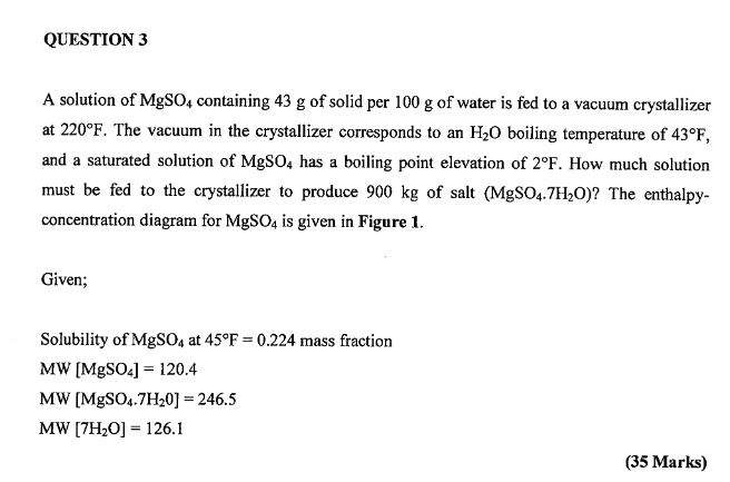 Solved QUESTION 3 A solution of MgSO4 containing 43 g of | Chegg.com
