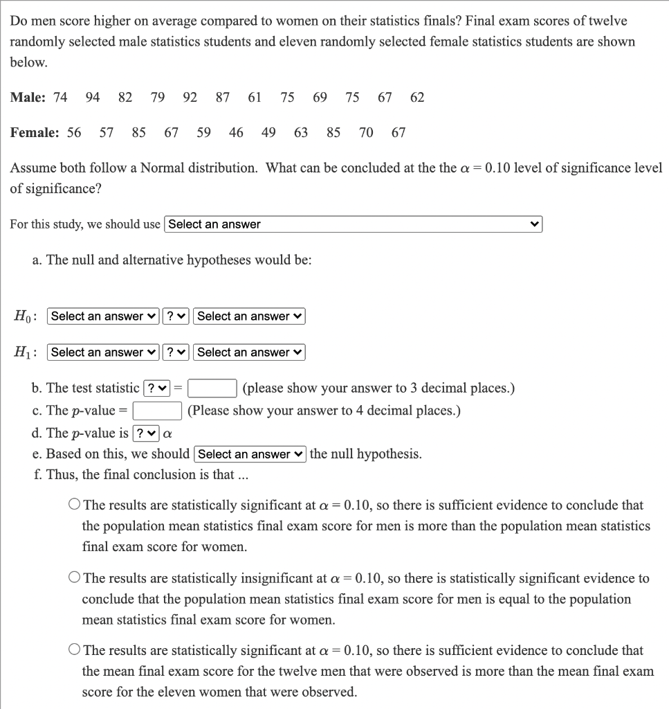 Solved Do men score higher on average compared to women on | Chegg.com