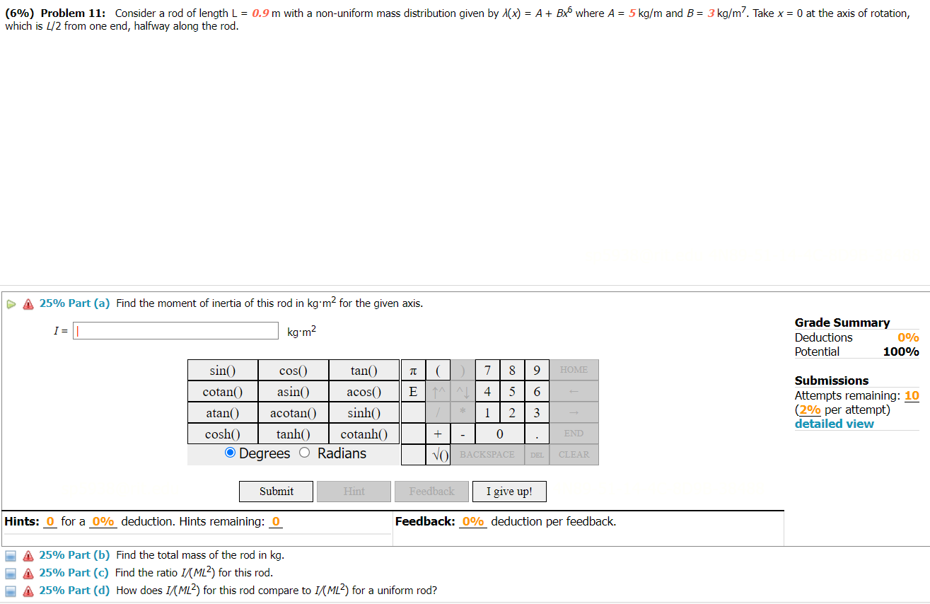 Solved (6\%) Problem 11: Consider a rod of length L=0.9 m | Chegg.com