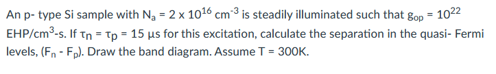 Solved An p-type Si sample with Na=2×1016 cm−3 is steadily | Chegg.com