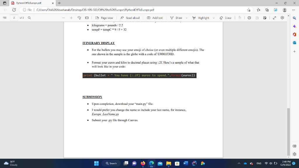 Solved Cis 105 Python Off To Europe Your Task Write A 