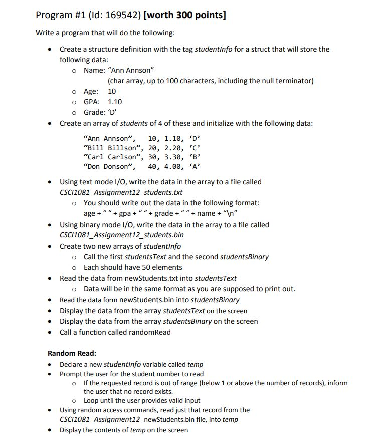 Solved Program #1 (id: 169542) [worth 300 points] Write a | Chegg.com