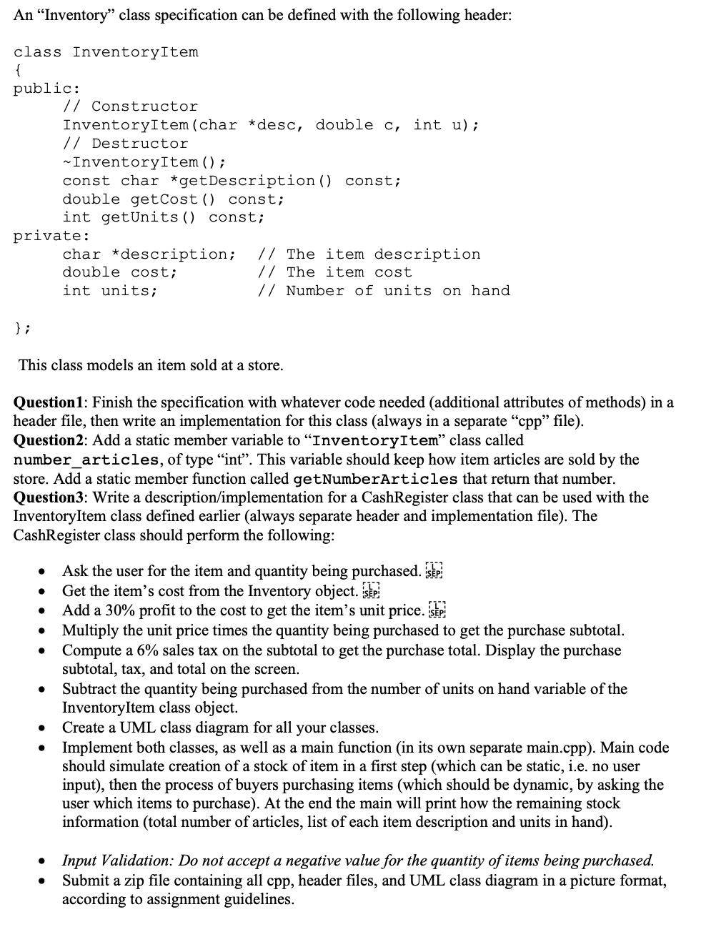Solved An “inventory” Class Specification Can Be Defined