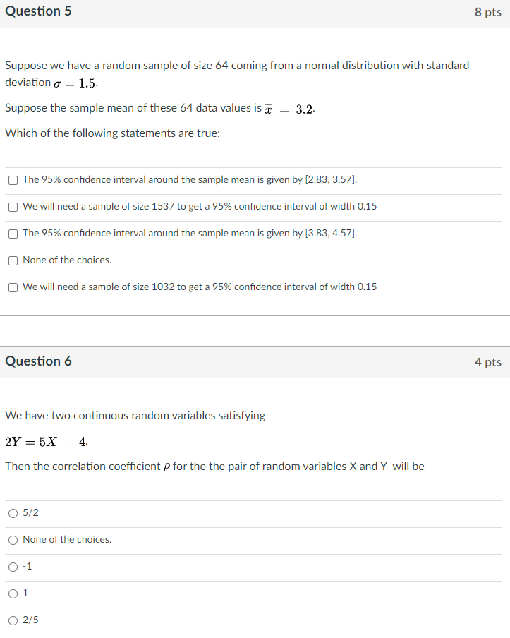 Solved Question 5 8 pts Suppose we have a random sample of | Chegg.com