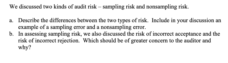 Solved We discussed two kinds of audit risk – sampling risk | Chegg.com