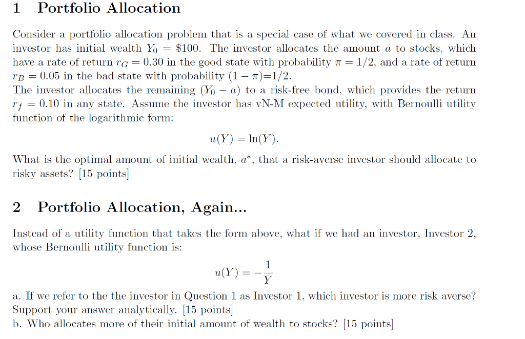 1 Portfolio Allocation Consider a portfolio | Chegg.com