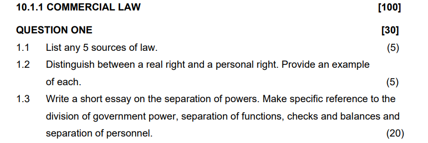 Solved 10.1.1 COMMERCIAL LAW [100] QUESTION ONE [30] 1.1 | Chegg.com
