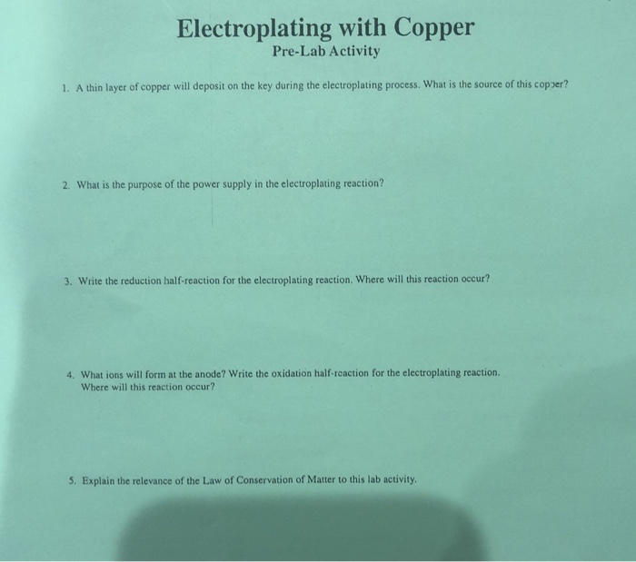 Solved Electroplating with Copper Pre-Lab Activity 1. A thin | Chegg.com