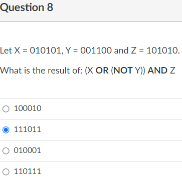 Solved Question 8 Let X = 010101, Y = 001100 and Z = 101010. | Chegg.com