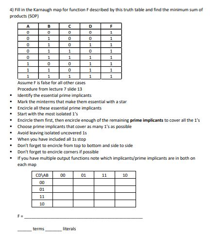 Solved 4) Fill in the Karnaugh map for function F described | Chegg.com