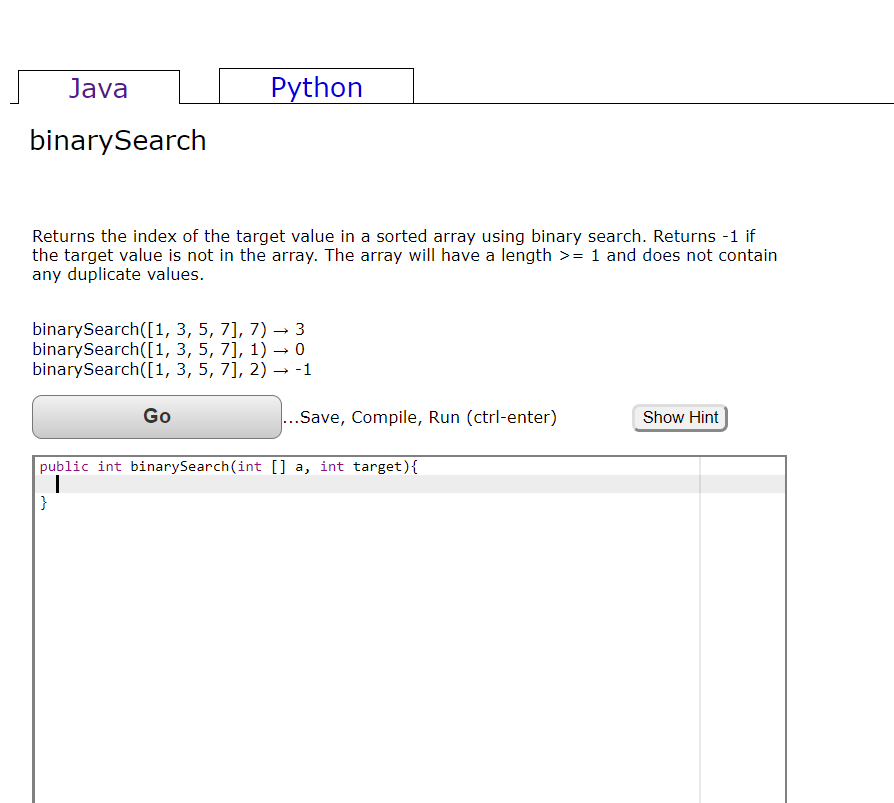 Solved Java Python binarySearch Returns the index of the | Chegg.com