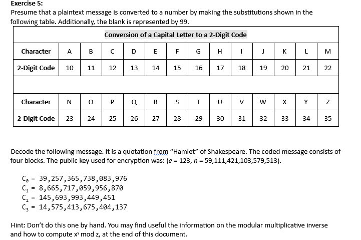 Exercise 5: Presume that a plaintext message is | Chegg.com