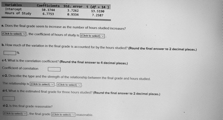 Solved Variables Intercept Hours of Study coefficients Std. | Chegg.com
