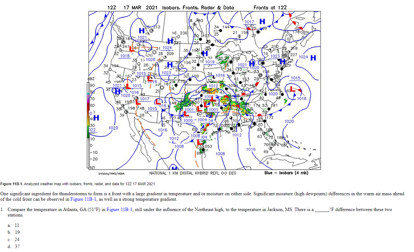 Solved Figure 11B-1. Analyzed weather map with isobars, | Chegg.com