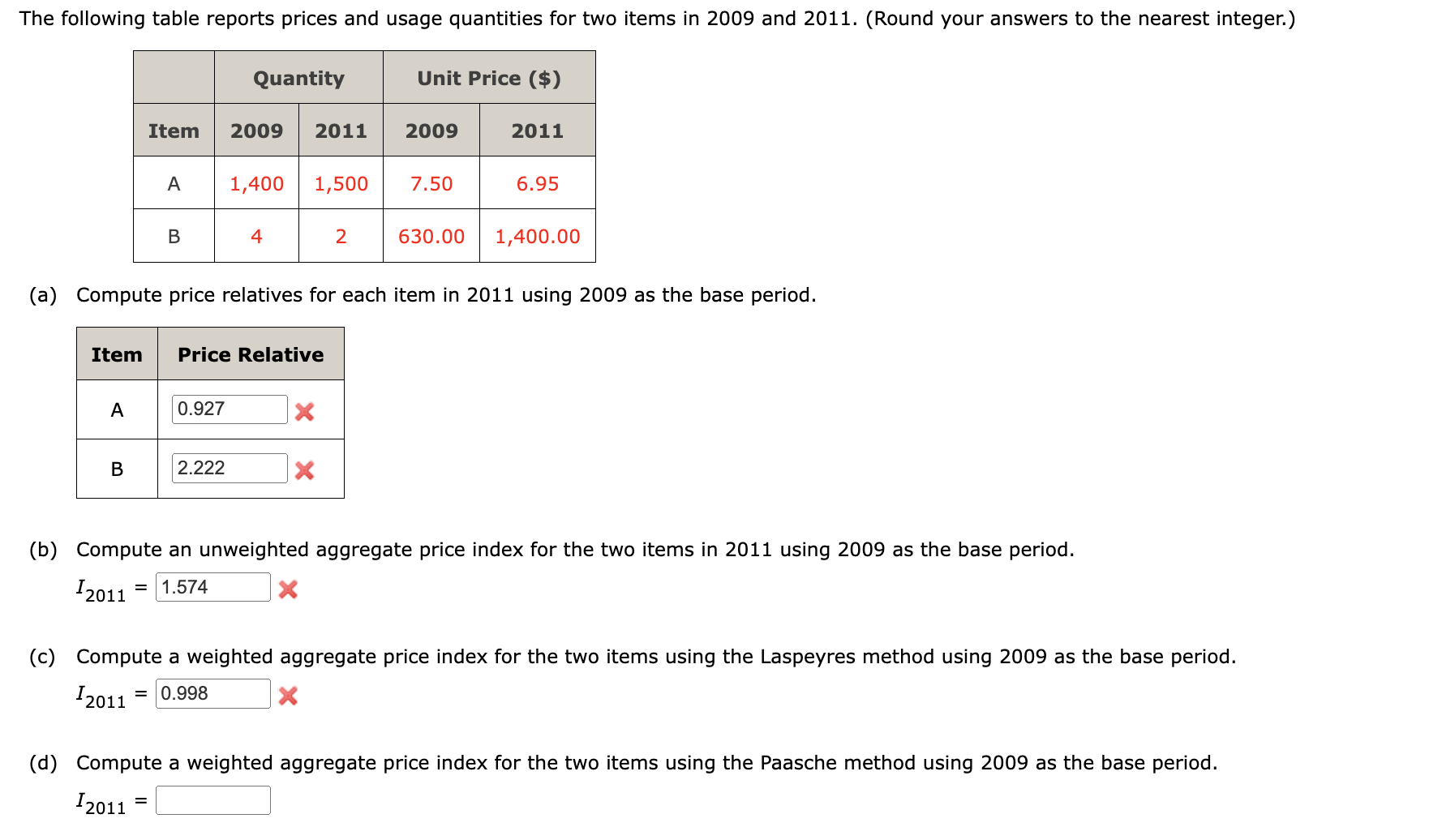 Solved (a) Compute price relatives for each item in 2011 | Chegg.com