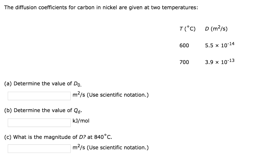 Solved The diffusion coefficients for carbon in nickel are | Chegg.com