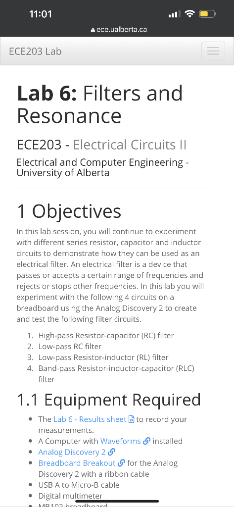 Solved Lab 6: Filters and Resonance ECE203 - Electrical | Chegg.com