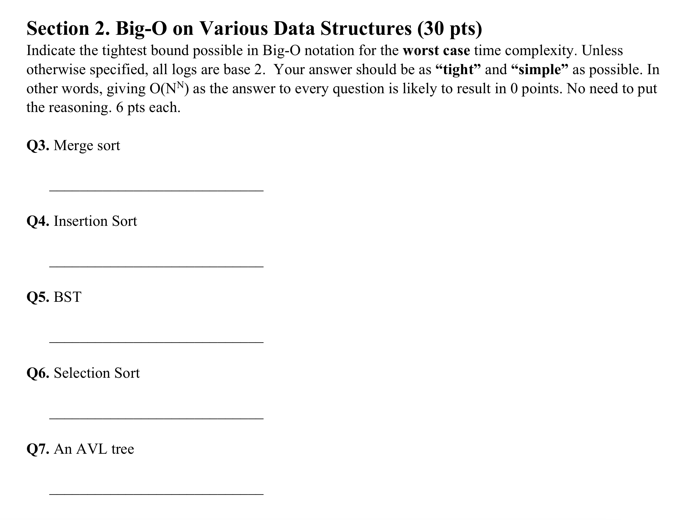 Solved Section 2. Big-O on Various Data Structures (30 pts) | Chegg.com