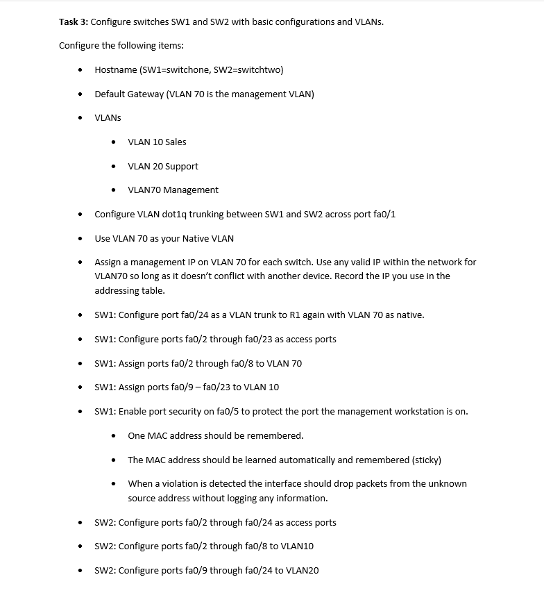 Task 3: Configure switches SW1 and SW2 with basic | Chegg.com