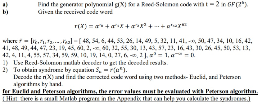 Find the generator polynomial g(X) for a Reed-Solomon | Chegg.com