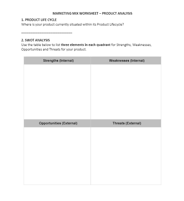 Solved MARKETING MIX WORKSHEET - PRODUCT ANALYSIS 1. PRODUCT | Chegg.com