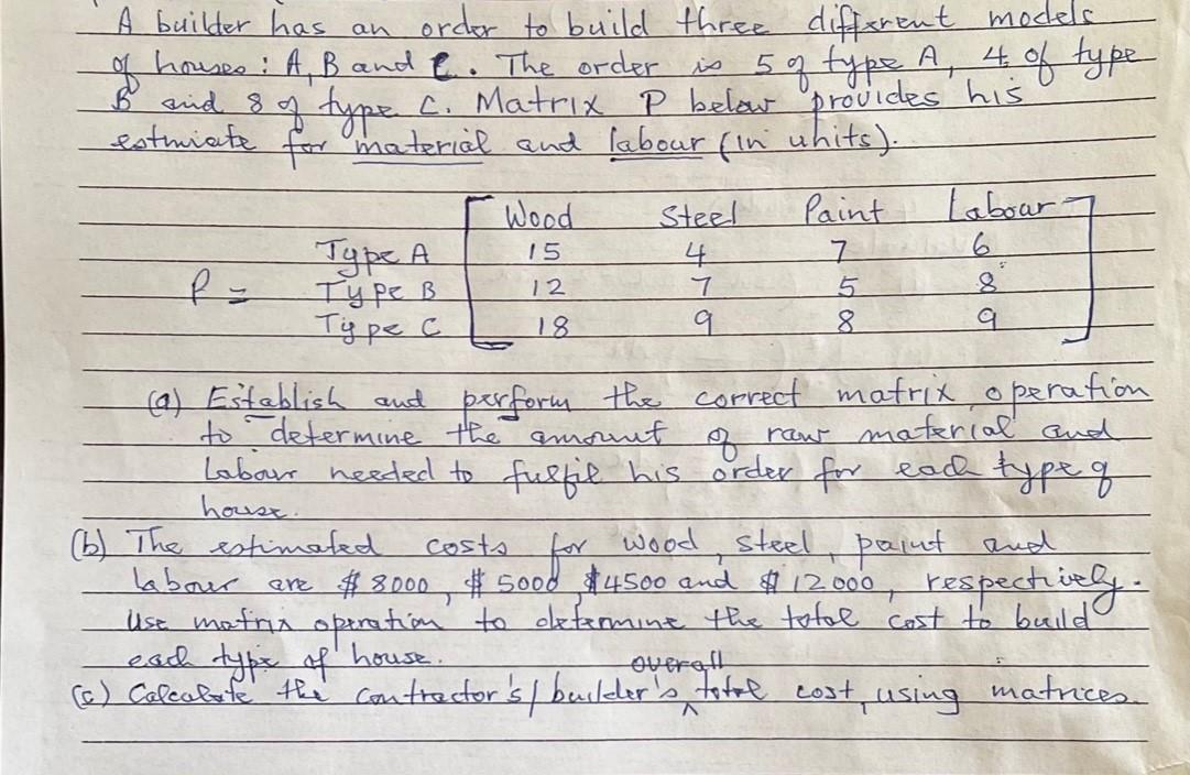 Solved A builder has an order to build three different | Chegg.com