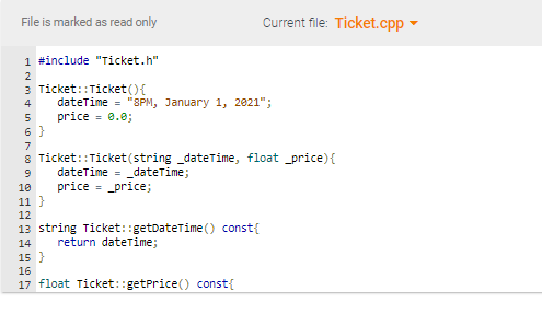 Solved Given a Ticket class (defined in "Ticket.h' and | Chegg.com