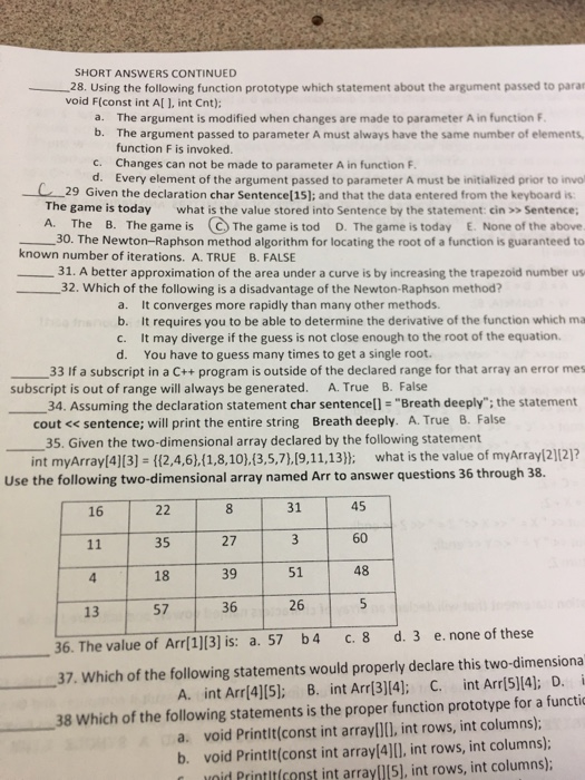 Solved SHORT ANSWERS CONTINUED 28. Using the following | Chegg.com