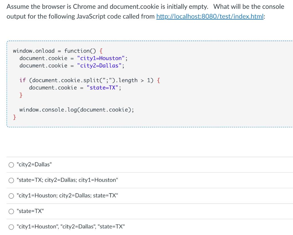 Solved Assume the browser is Chrome and document.cookie is | Chegg.com