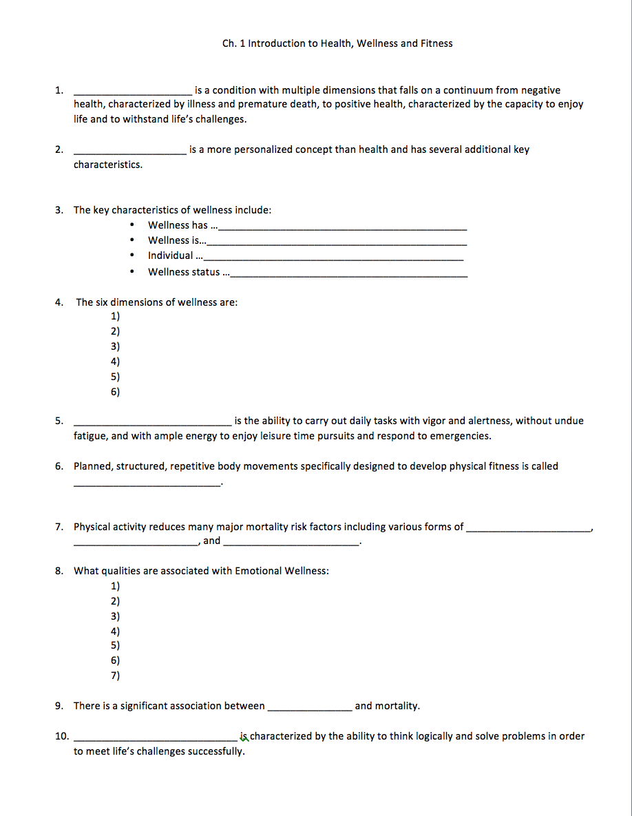 Solved Ch. 1 Introduction to Health, Wellness and Fitness 1. | Chegg.com