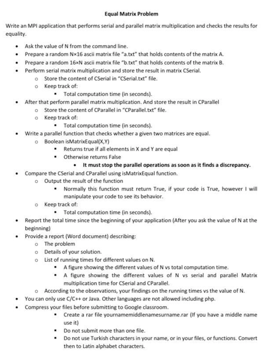 Equal Matrix Problem Write an MPI application that | Chegg.com