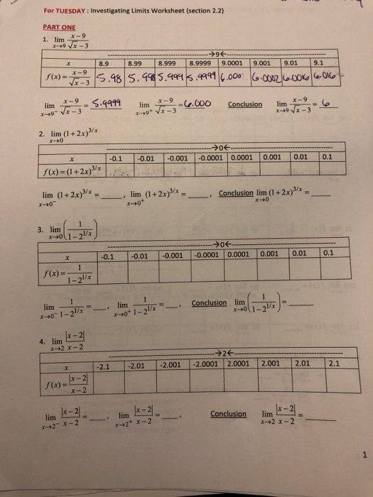 Solved For TUESDAY: Investigating Limits Worksheet (section | Chegg.com