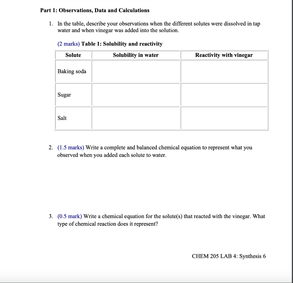 Solved Part 1: Observations, Data and Calculations 1. In the | Chegg.com